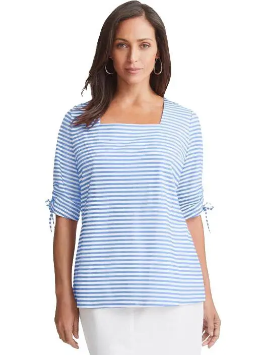 JESSICA LONDON Stretch Cotton Tie Sleeve Square Neck Tee - French Blue Feeder Stripe