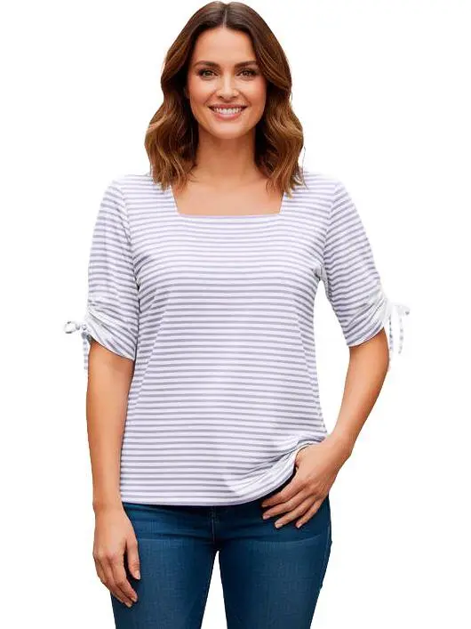 JESSICA LONDON Stretch Cotton Tie Sleeve Square Neck Tee - Lilac Feeder Stripe