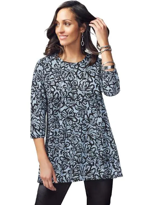 JESSICA LONDON Stretch Knit Swing Tunic - Azure Mist Stencil