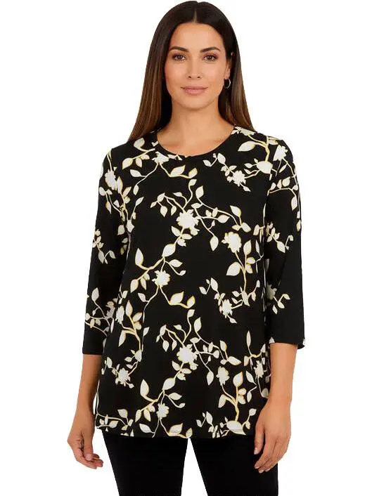 JESSICA LONDON Stretch Knit Swing Tunic - Black Citrus Stamp Flower