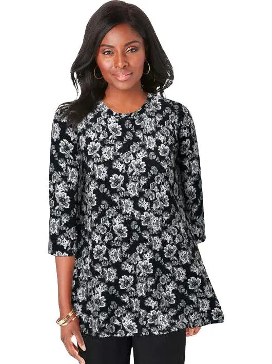 JESSICA LONDON Stretch Knit Swing Tunic - Black White Folk Floral