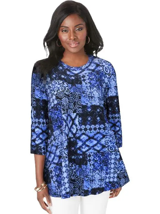 JESSICA LONDON Stretch Knit Swing Tunic - Blue Patchwork