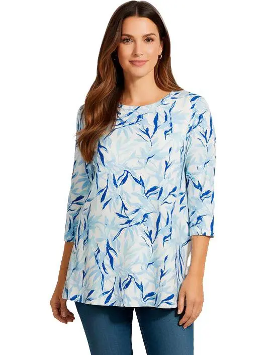 JESSICA LONDON Stretch Knit Swing Tunic - Blue Watercolor Palms
