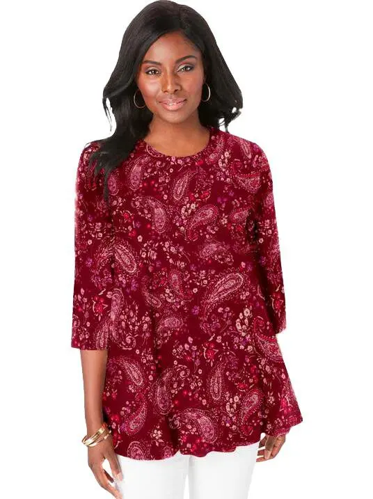 JESSICA LONDON Stretch Knit Swing Tunic - Burgundy Falling Paisley