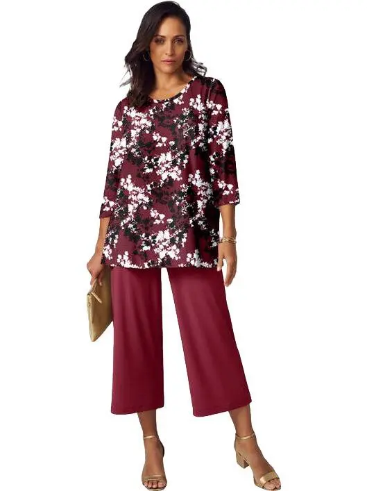 JESSICA LONDON Stretch Knit Swing Tunic - Burgundy Graphic Floral