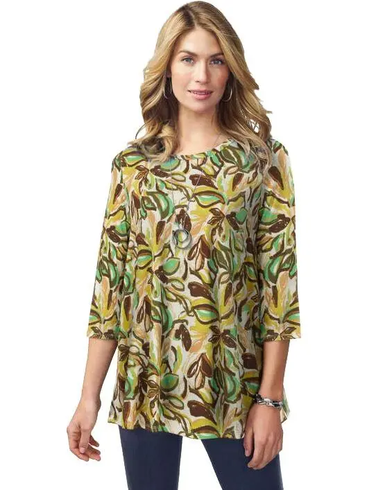 JESSICA LONDON Stretch Knit Swing Tunic - Grass Floral Watercolor