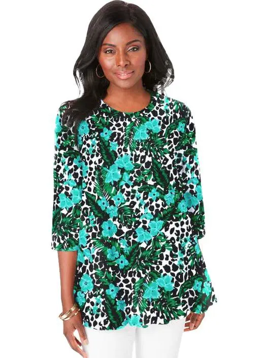 JESSICA LONDON Stretch Knit Swing Tunic - Green Tropical Leopard