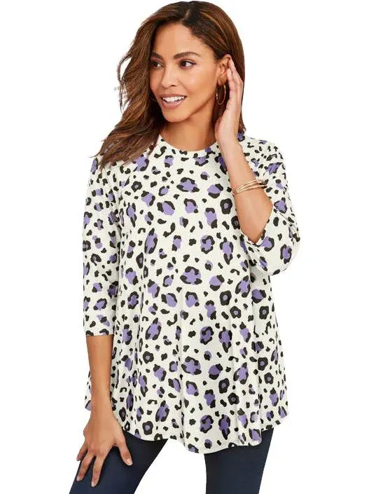 JESSICA LONDON Stretch Knit Swing Tunic - Ivory Lilac Cheetah