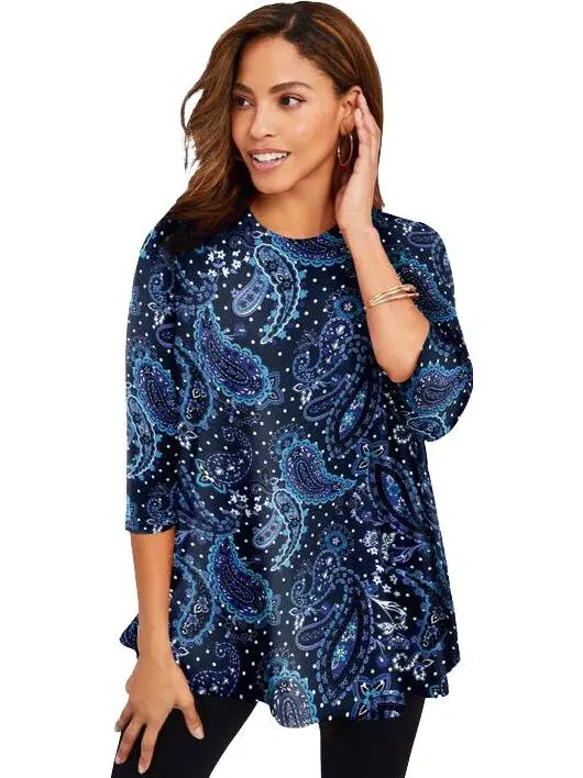JESSICA LONDON Stretch Knit Swing Tunic - Navy Dot Paisley