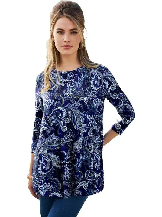 JESSICA LONDON Stretch Knit Swing Tunic - Navy Paisley