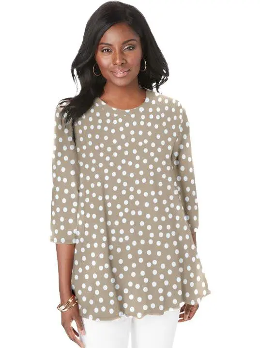 JESSICA LONDON Stretch Knit Swing Tunic - New Khaki Dot
