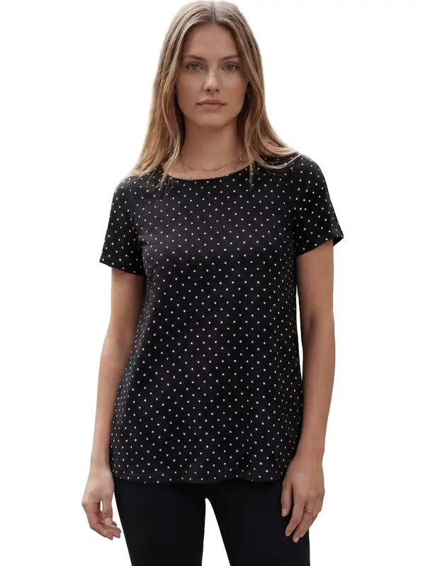 JESSICA LONDON Stretch Cotton Trapeze Tee - Black Ivory Dot