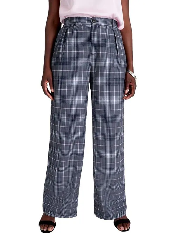 JESSICA LONDON Bi-stretch Wide Leg Pant - Grey Sky Stripe Plaid