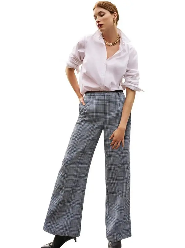 JESSICA LONDON Bi-stretch Wide Leg Pant - Navy Refined Plaid