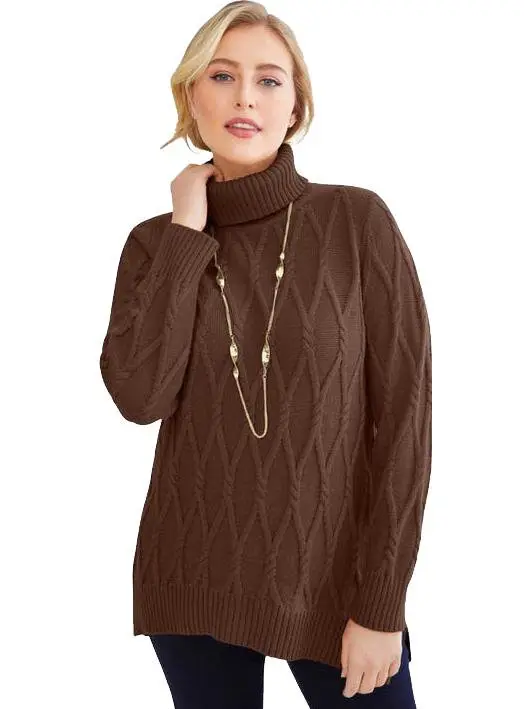 JESSICA LONDON Cable-knit Turtleneck Sweater - Rich Brown