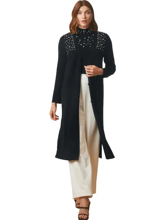 JESSICA LONDON Fine Gauge Duster Cardigan - Black Cascading Pearls