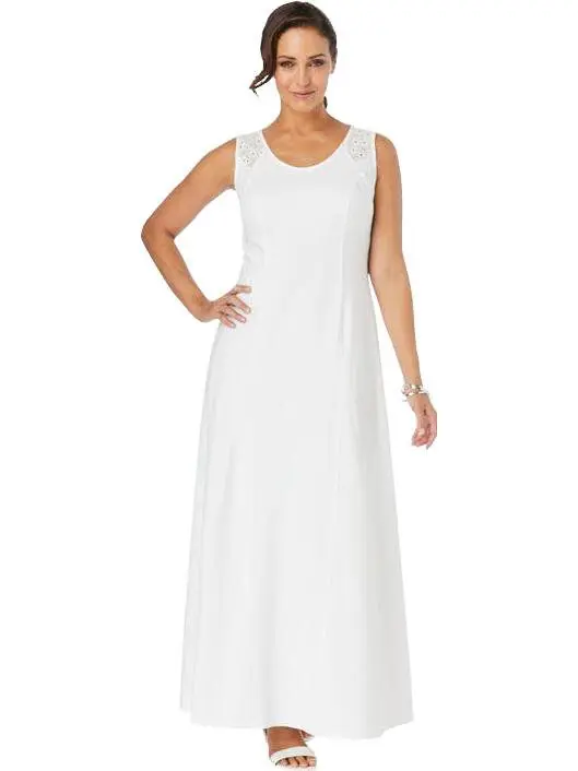 JESSICA LONDON Stretch Cotton Crochet-back Maxi Dress - White