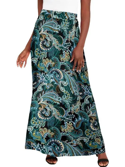 JESSICA LONDON Stretch Knit Maxi Skirt - Frost Teal Paisley