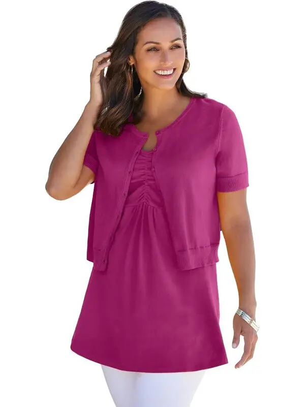 JESSICA LONDON Jewel Neck Button Front Cardigan - Raspberry