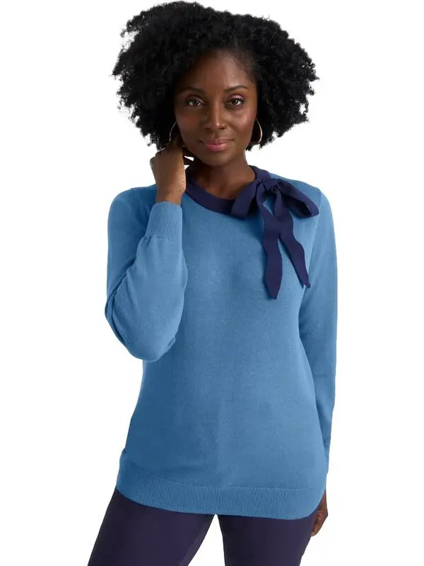 JESSICA LONDON Tie-neck Pullover Sweater - Dusty Indigo