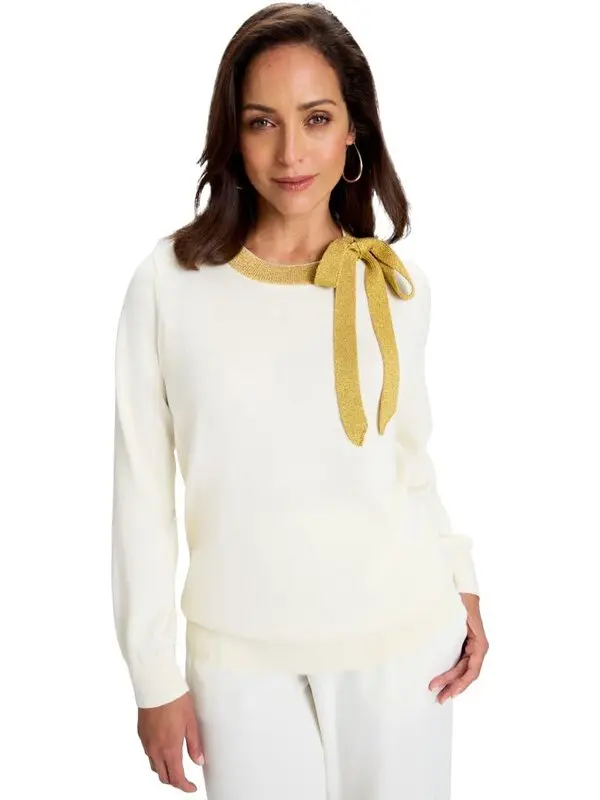 JESSICA LONDON Tie-neck Pullover Sweater - Ivory Gold