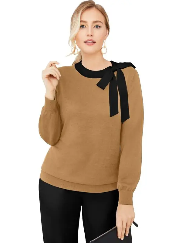 JESSICA LONDON Tie-neck Pullover Sweater - Soft Camel