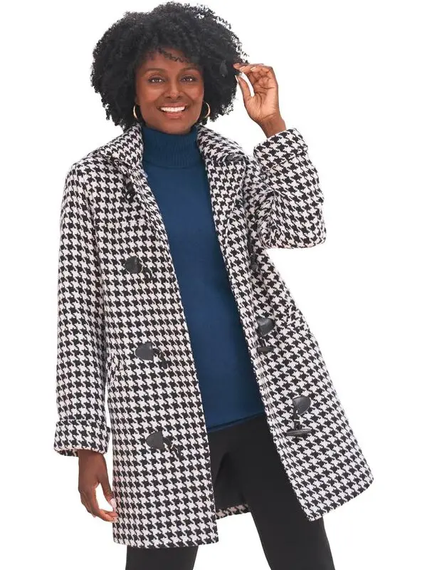 JESSICA LONDON Hooded Wool Coat - Ivory Houndstooth