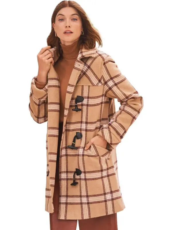JESSICA LONDON Hooded Wool Coat - Soft Camel Plaid