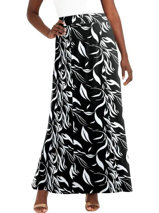 JESSICA LONDON Stretch Knit Maxi Skirt - Black Abstract Petal
