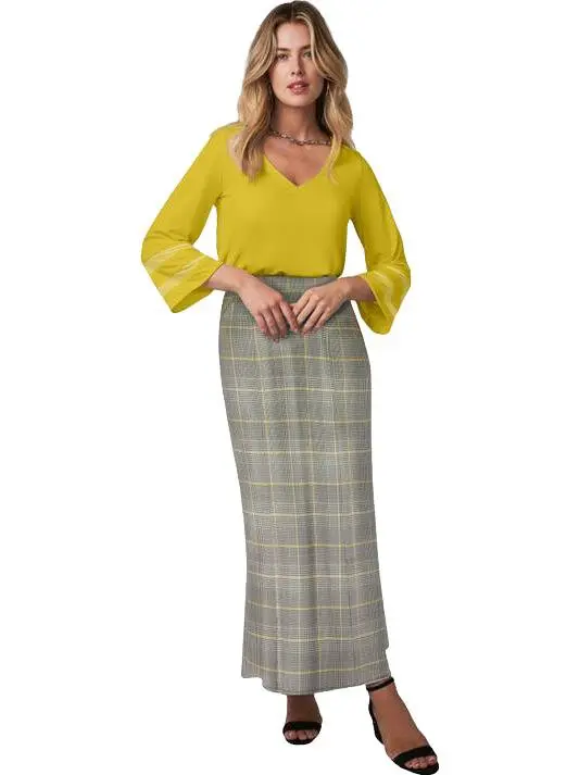 JESSICA LONDON Stretch Knit Maxi Skirt - Black Citrus Plaid