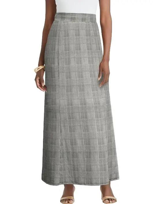 JESSICA LONDON Stretch Knit Maxi Skirt - Black Ivory Glen Plaid