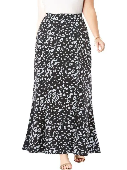 JESSICA LONDON Stretch Knit Maxi Skirt - Black White Cheetah