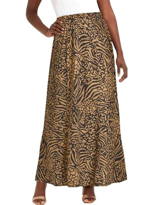 JESSICA LONDON Stretch Knit Maxi Skirt - Camel Mixed Animal