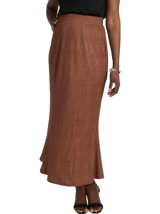 JESSICA LONDON Stretch Knit Maxi Skirt - Cognac Glen Plaid