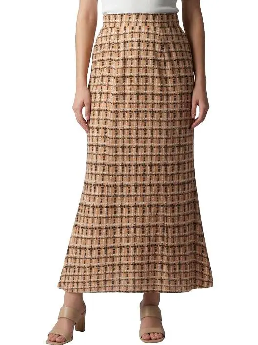 JESSICA LONDON Stretch Knit Maxi Skirt - Soft Camel Abstract Grid