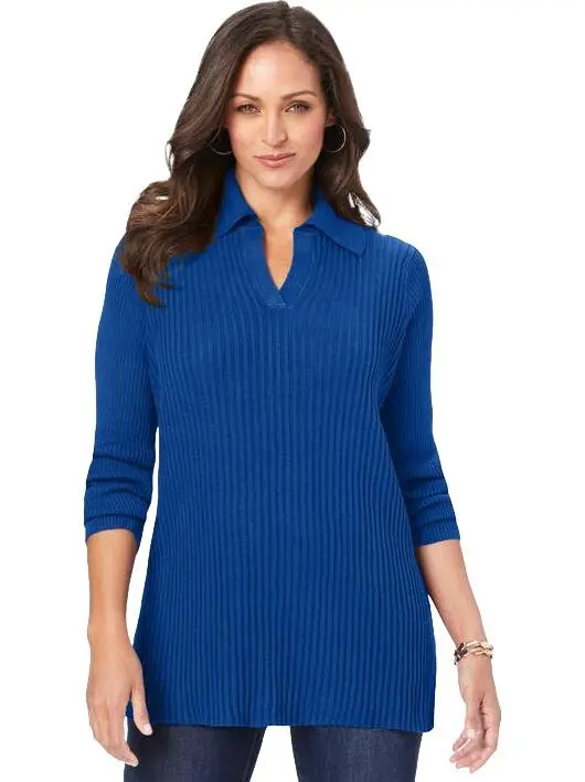 JESSICA LONDON Ribbed Collared Sweater - Dark Sapphire