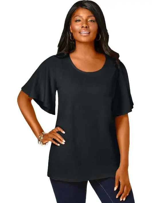 JESSICA LONDON Stretch Knit Flutter Sleeve Tunic - Black