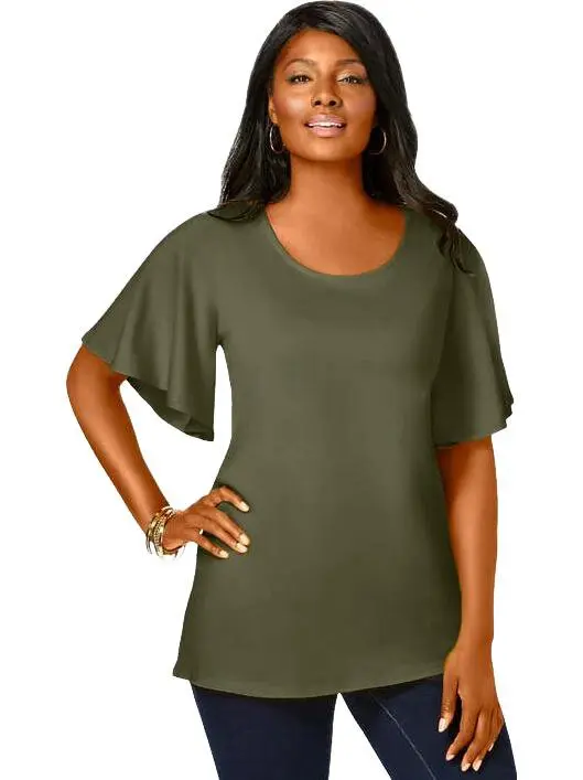 JESSICA LONDON Stretch Knit Flutter Sleeve Tunic - Dark Olive Green