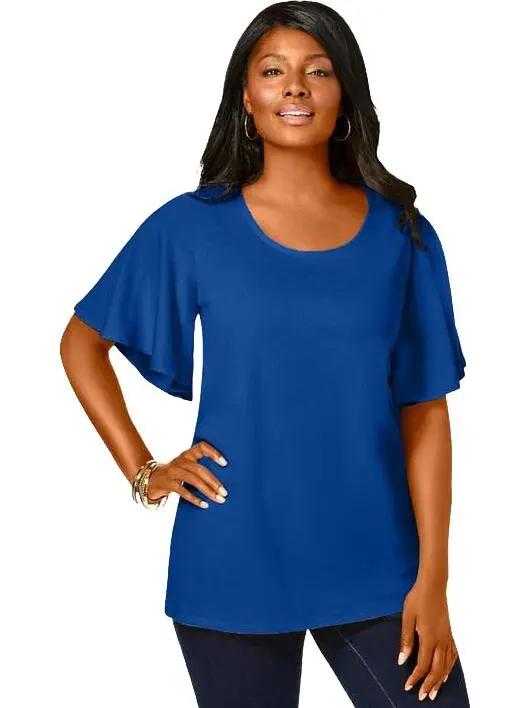 JESSICA LONDON Stretch Knit Flutter Sleeve Tunic - Dark Sapphire