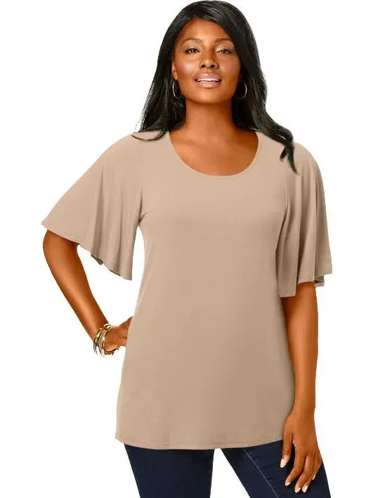 JESSICA LONDON Stretch Knit Flutter Sleeve Tunic - New Khaki