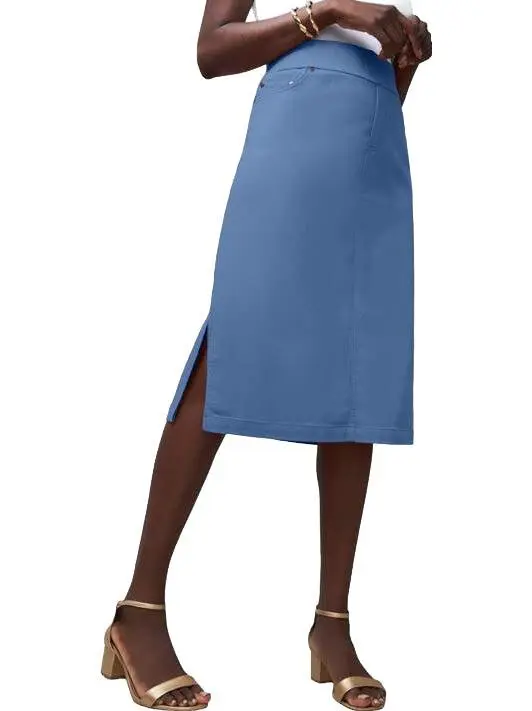 JESSICA LONDON Stretch Denim Midi Skirt With Comfort Waist - Dusty Indigo