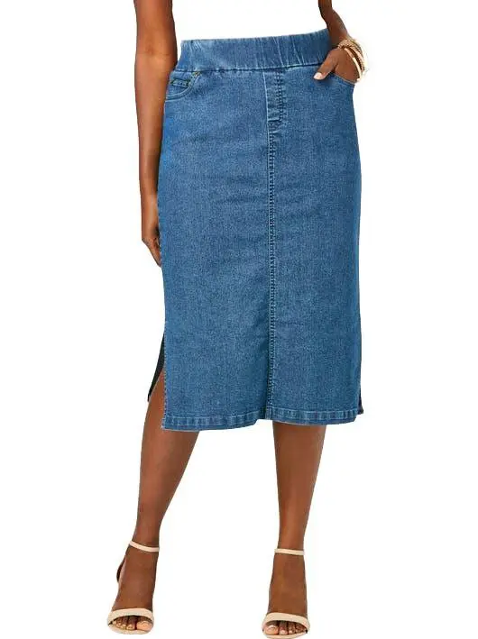 JESSICA LONDON Stretch Denim Midi Skirt With Comfort Waist - Medium Stonewash