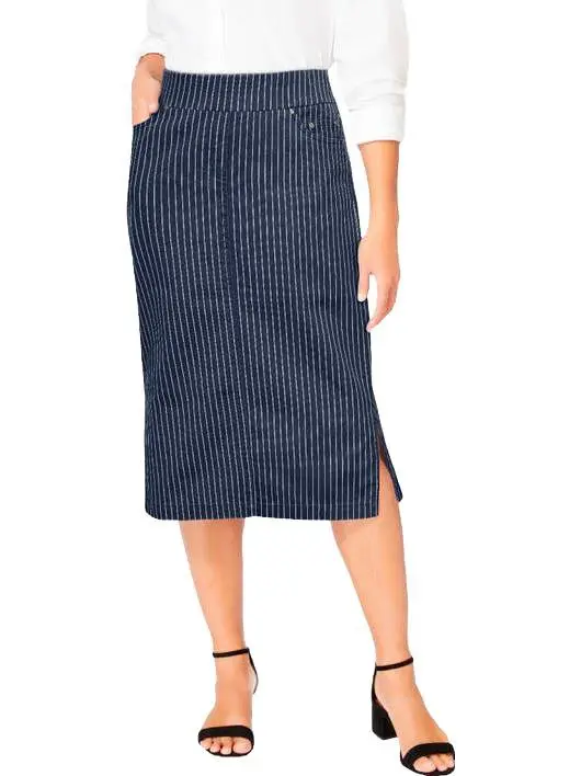 JESSICA LONDON Stretch Denim Midi Skirt With Comfort Waist - Navy Simple Pinstripe