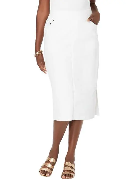 JESSICA LONDON Stretch Denim Midi Skirt With Comfort Waist - White