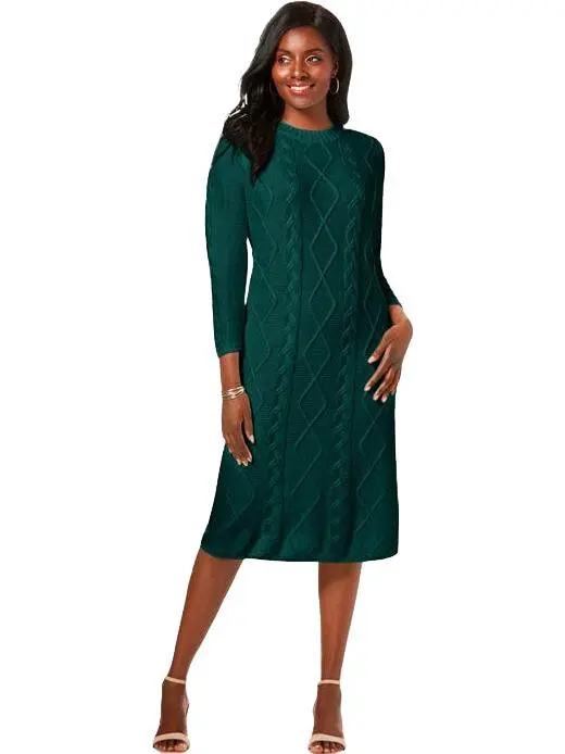 JESSICA LONDON Cable Knit Sweater Dress - Emerald Green