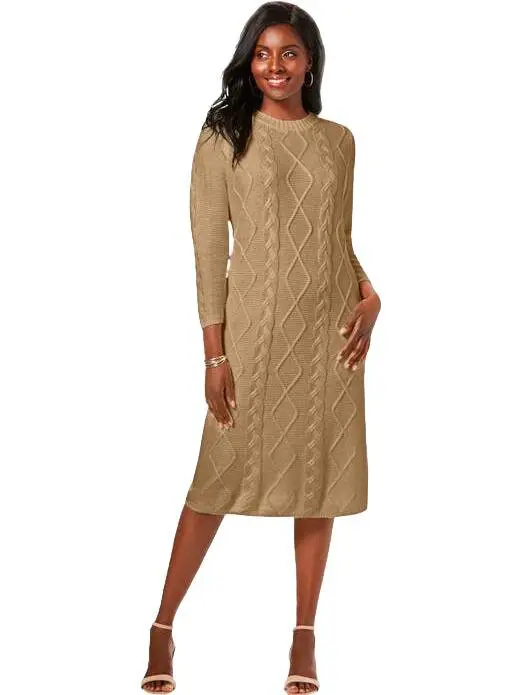 JESSICA LONDON Cable Knit Sweater Dress - Soft Camel