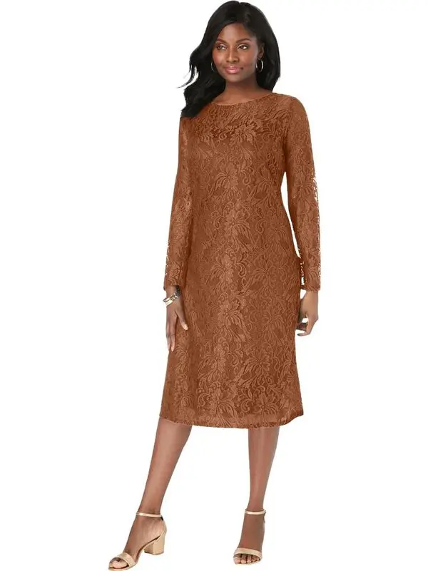 JESSICA LONDON Stretch Lace Shift Dress - Cognac