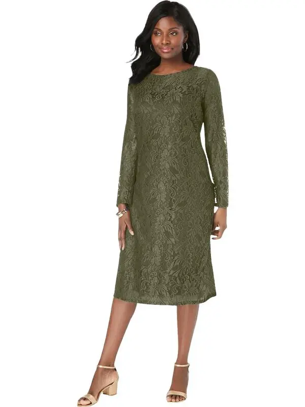 JESSICA LONDON Stretch Lace Shift Dress - Dark Olive Green
