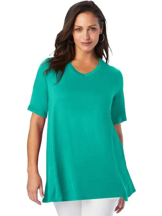 JESSICA LONDON Stretch Knit V-neck Swing Tunic - Aqua Sea