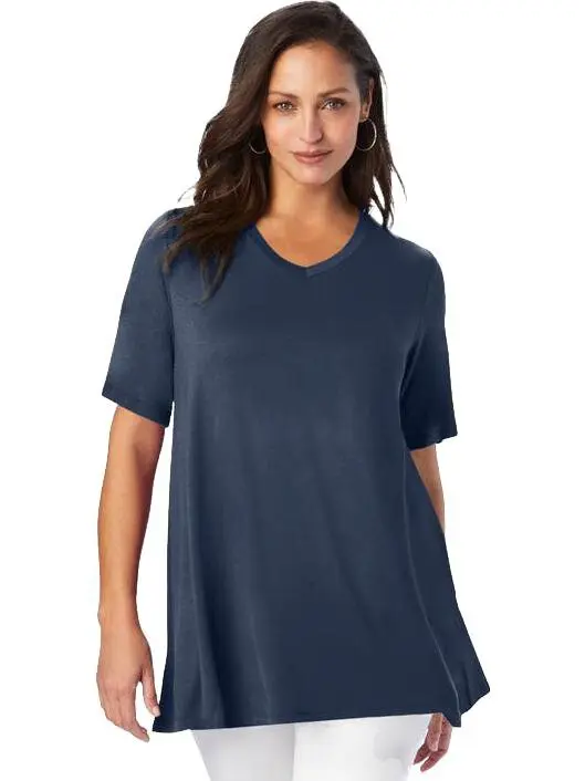 JESSICA LONDON Stretch Knit V-neck Swing Tunic - Navy